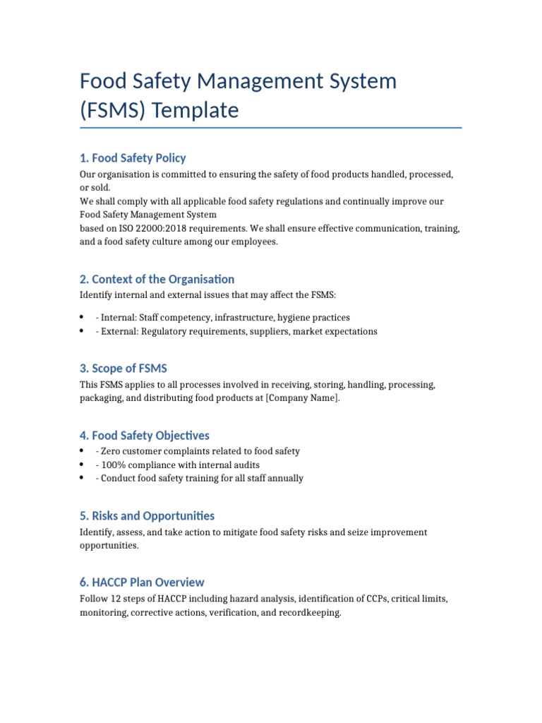 Food Safety Management System (FSMS) Template | PDF