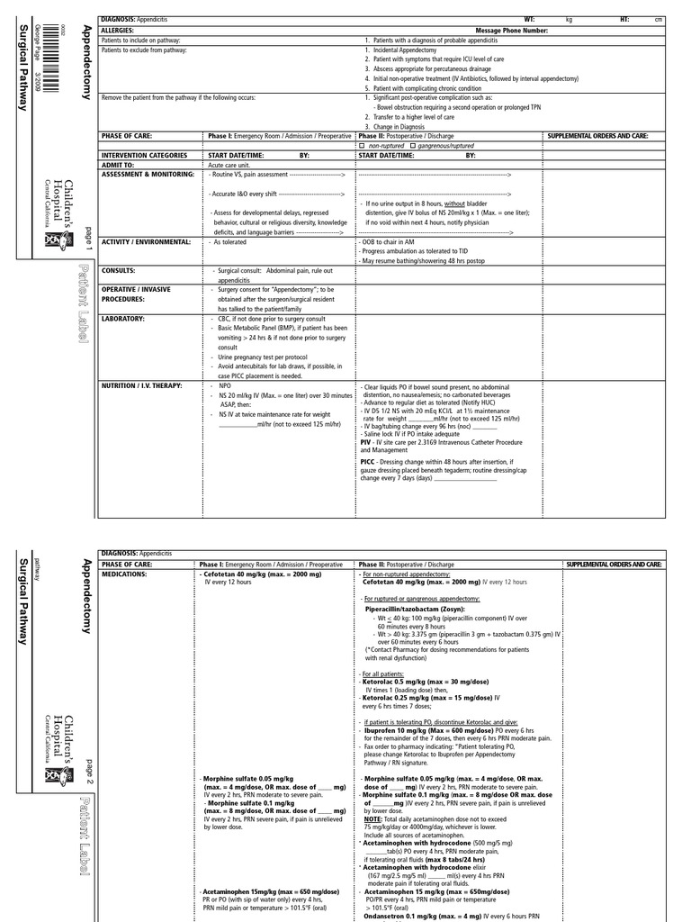 Appendectomy Pathway | Surgery | Medical Specialties