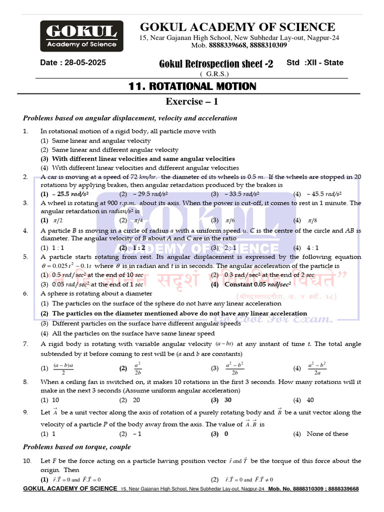 11 Rotational Motion Assignment Physics - 2 | PDF | Rotation Around A ...