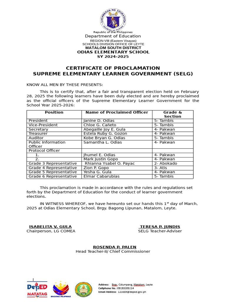 Certificate of Proclamation of SELG Officers | PDF