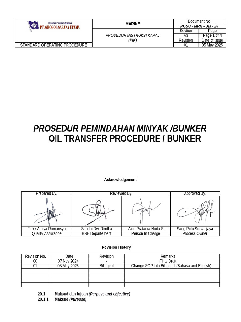 ETM-MRN-A3-20 OH Transfer - Bunker Procedur (Prosedur Pemindahan Minyak ...