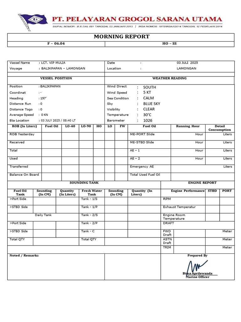 Morning Report: LCT VIP Mulia Voyage | PDF | Ships | Shipping