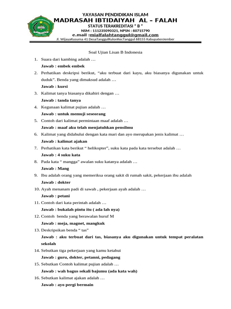 Soal Ujian Lisan Bahasa Indonesia | PDF