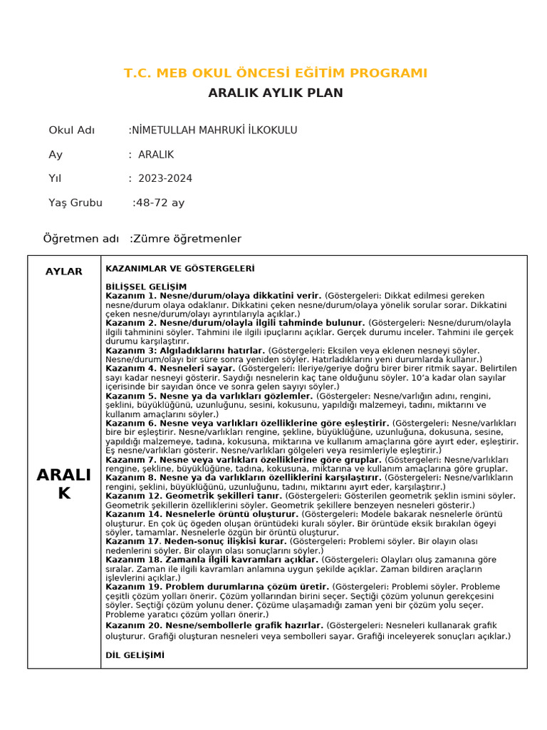 Aralik Aylik Plan | PDF