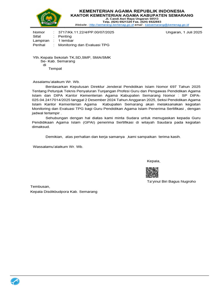 Surat Monev TPG Tahun 2025 TTE | PDF