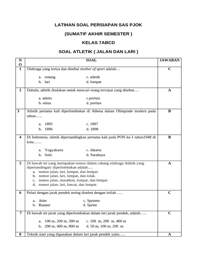 Latihan Soal Persiapan Sas Pjok Kelas 7 | PDF