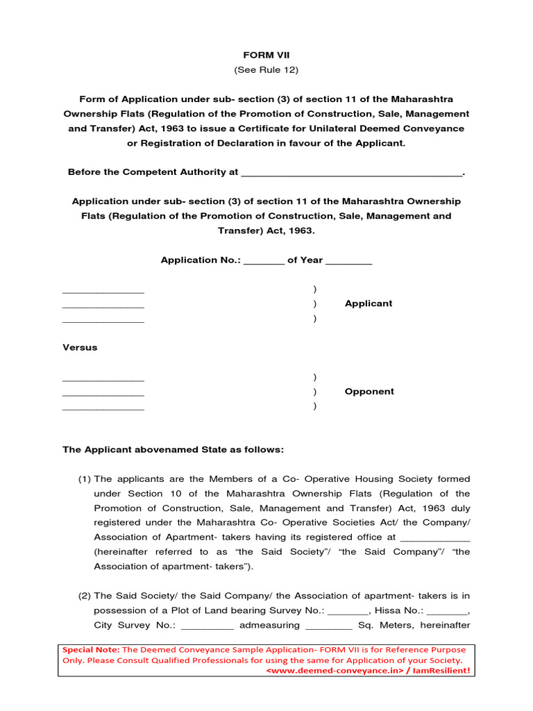 Deemed Conveyance Application Form VII | PDF | Conveyancing | Property Law
