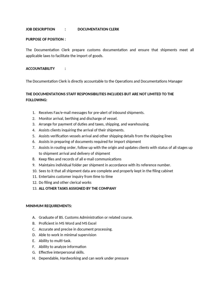 Documentation Clerk Job Overview | PDF
