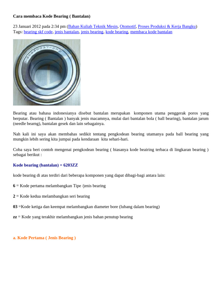 Cara Membaca Kode Bearing Bantalan | PDF