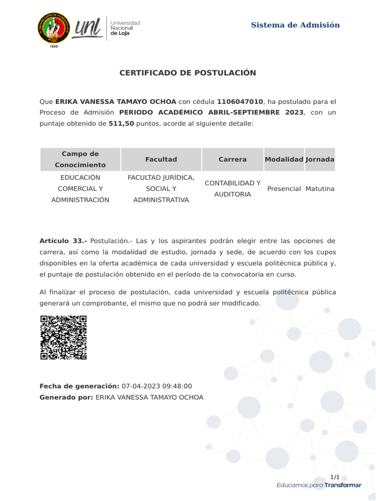 Certificado Postulacion | PDF