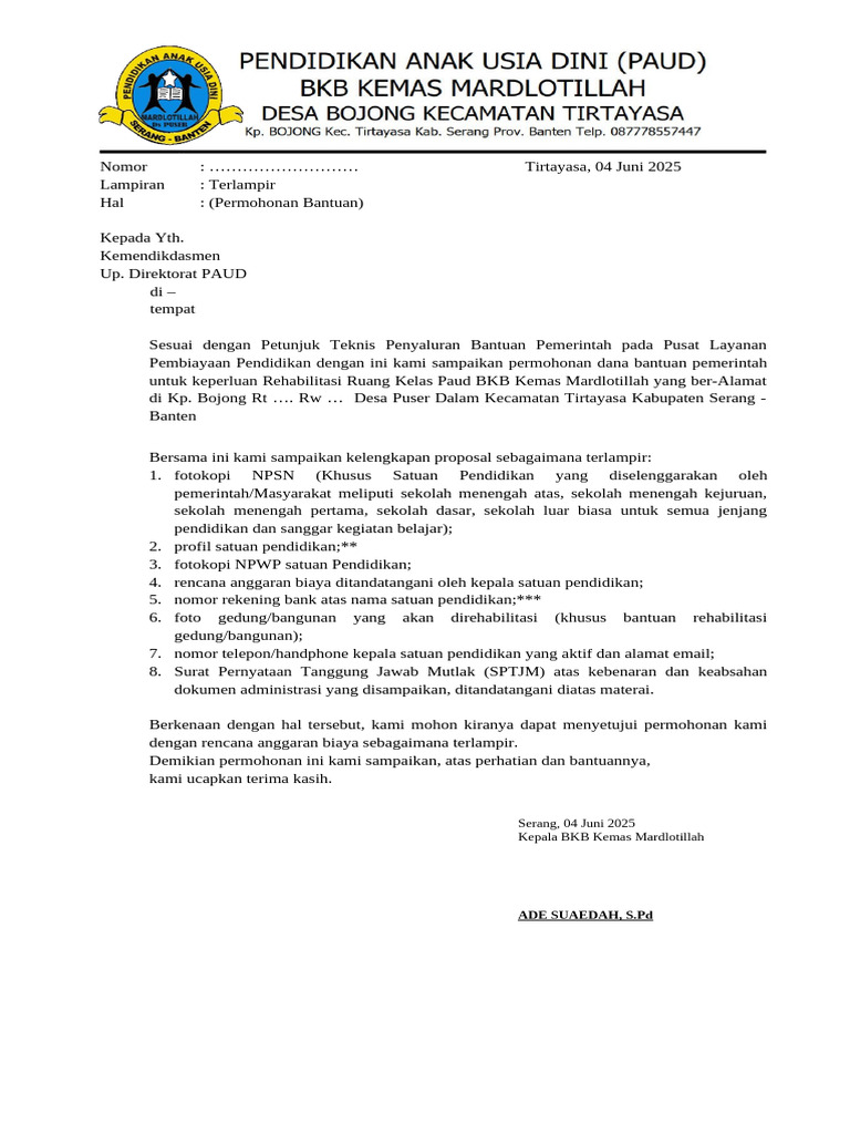 Format Proposal Rehab Paud Puser | PDF