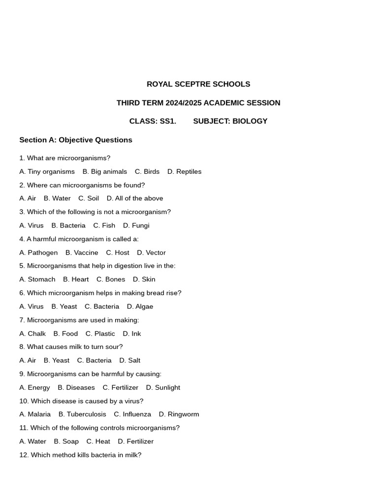 SS1 Biology Exam 3rd Term | PDF | Microorganism | Sexually Transmitted ...