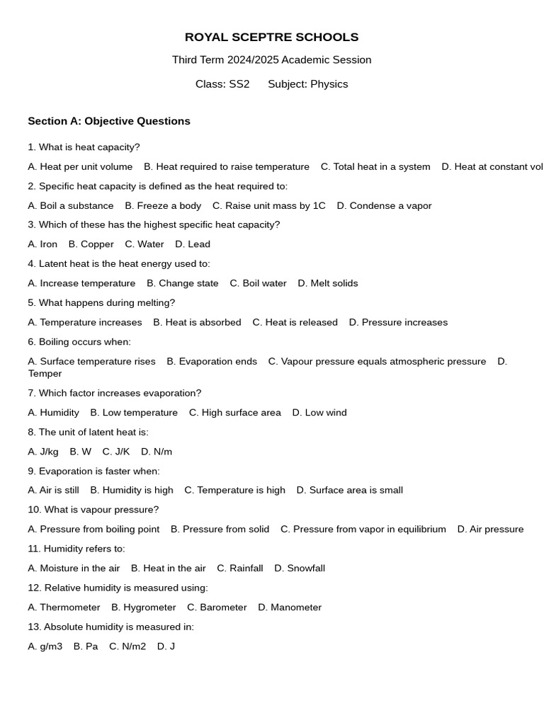 SS2 Physics Exam 3rd Term | PDF | Humidity | Latent Heat