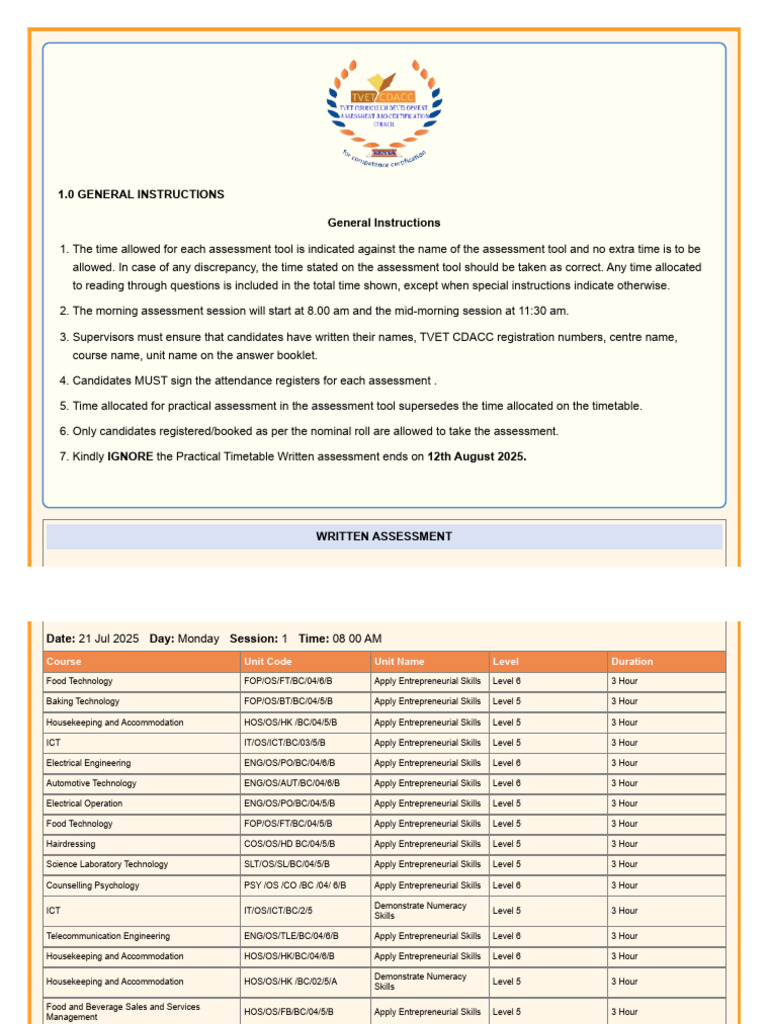 Tvet Cdacc Timetable July 2025 26.06.2025 | PDF