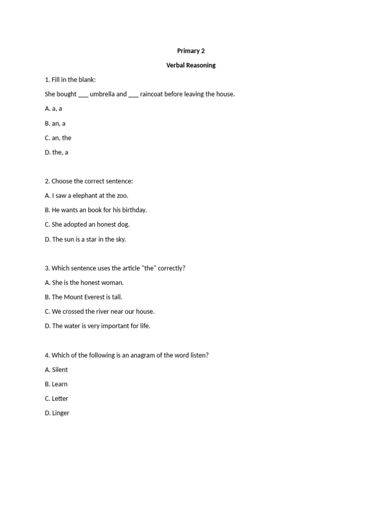 Primary 2 Verbal Reasoning | PDF