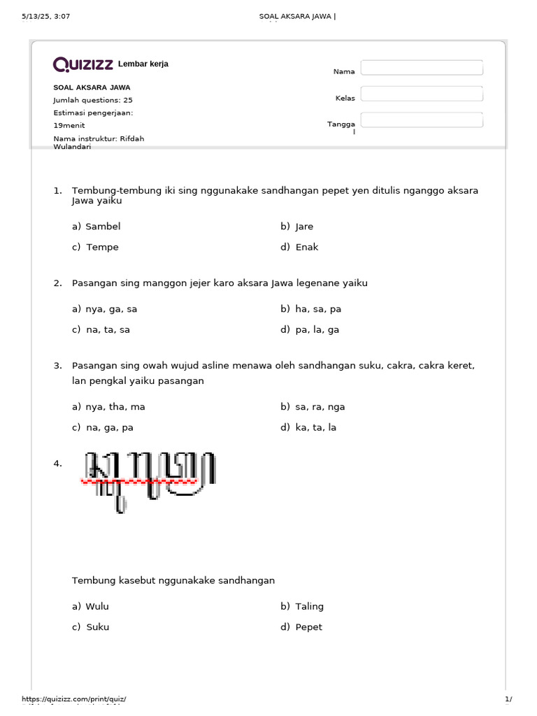 Soal Aksara Jawa - Quizizz | PDF