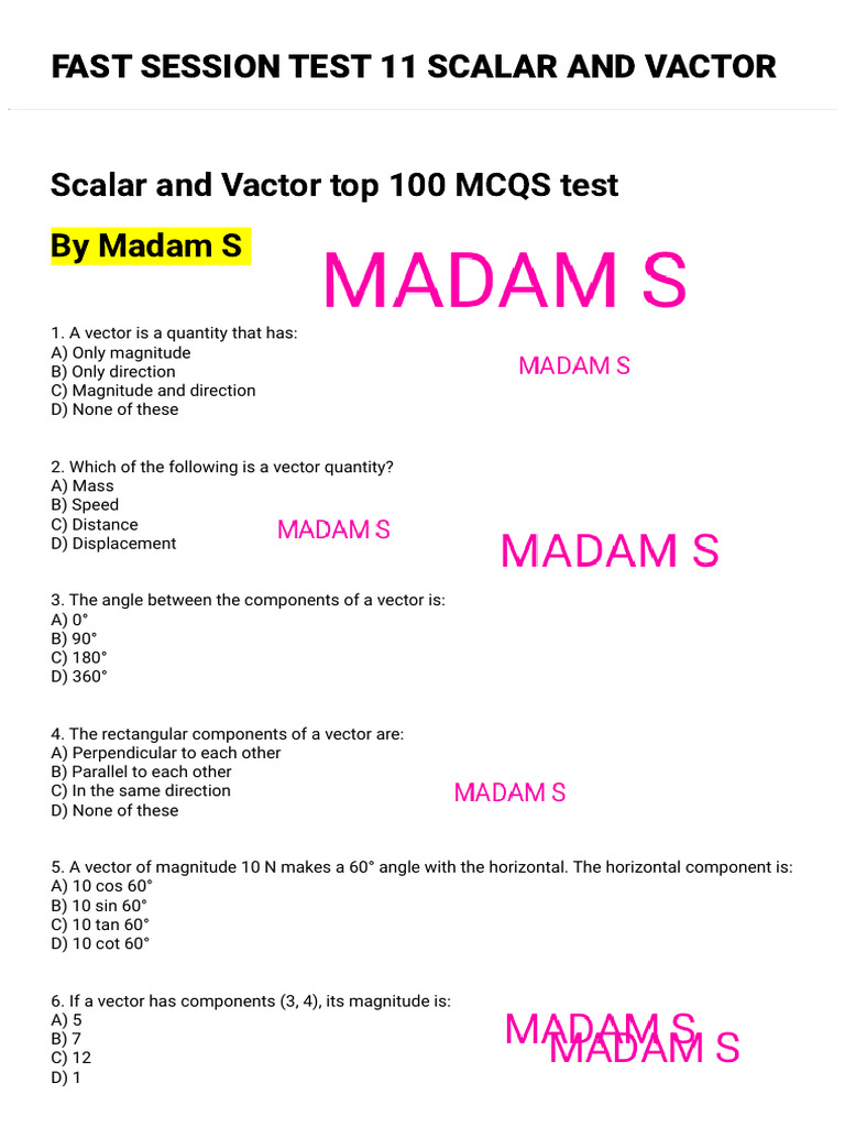 Scalar and Vector Concepts MCQs | PDF | Euclidean Vector | Torque