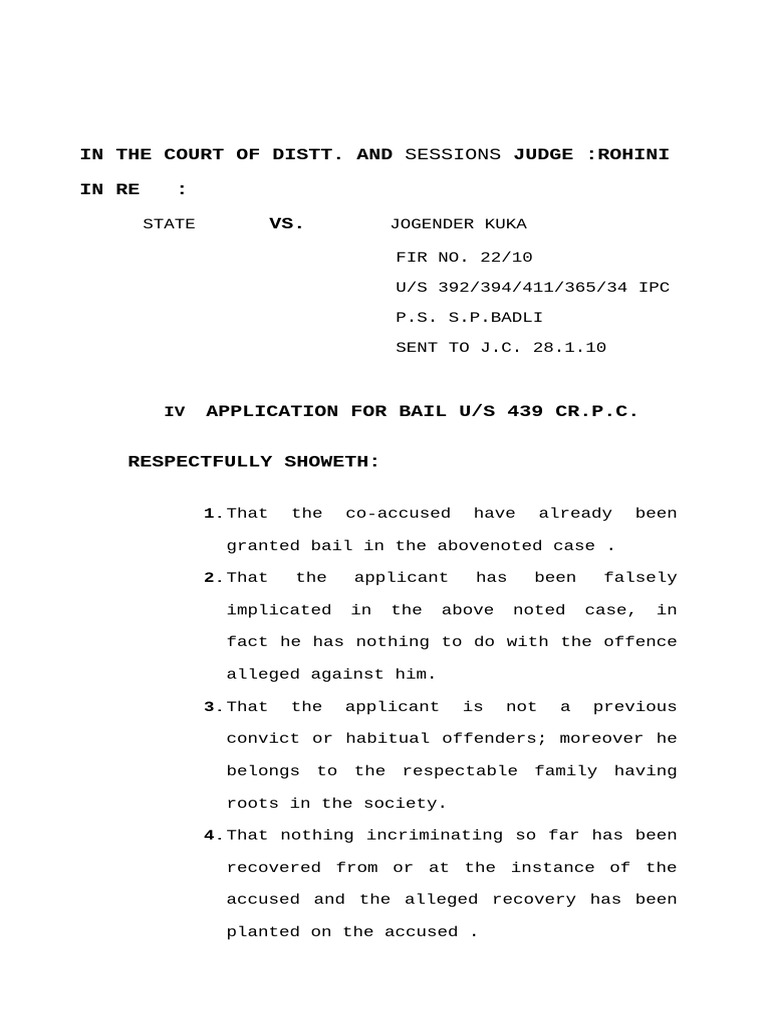 Bail Application 439 392 394 365 Jogender Kuka | PDF | Bail | Legal Action