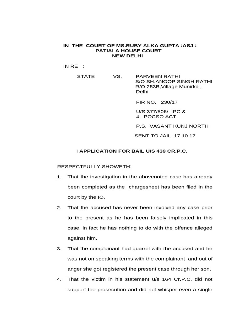 Bail Application Parveen Rathi 439 376 4 Pocso | PDF | Bail | Crime & Violence