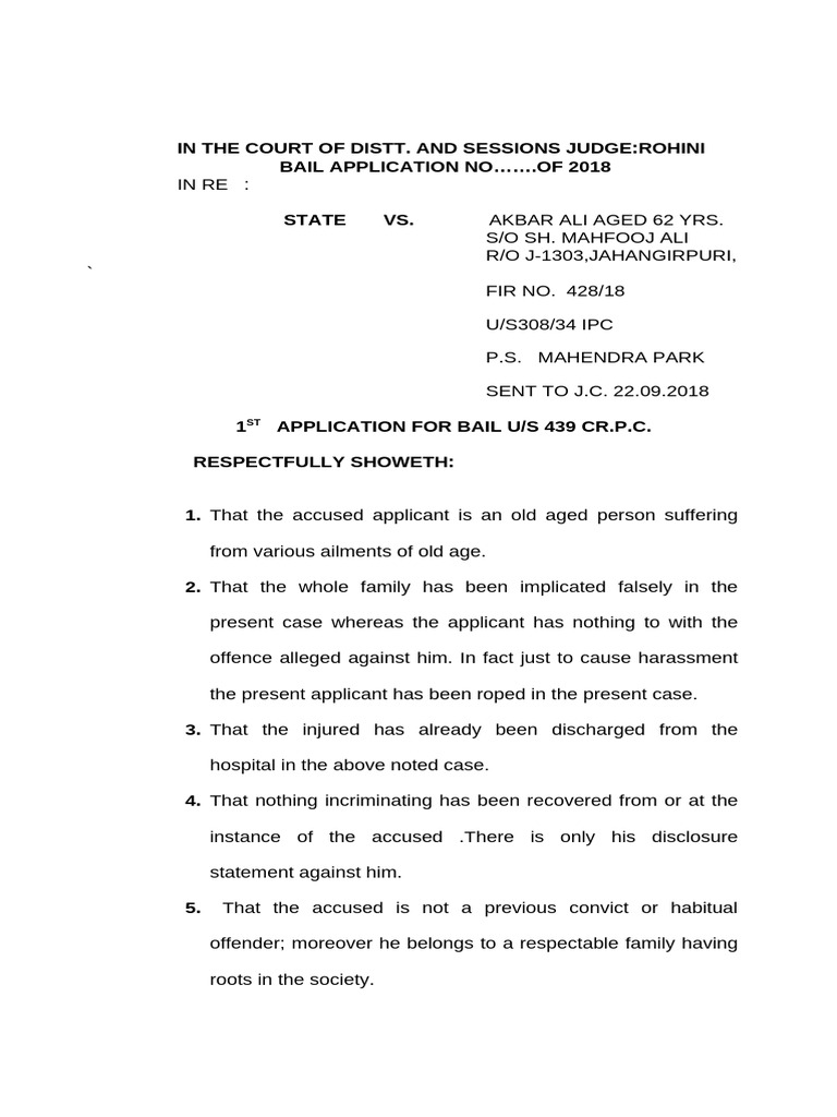 Bail Application 308 439 Akbar Ali | PDF | Bail | Crime & Violence
