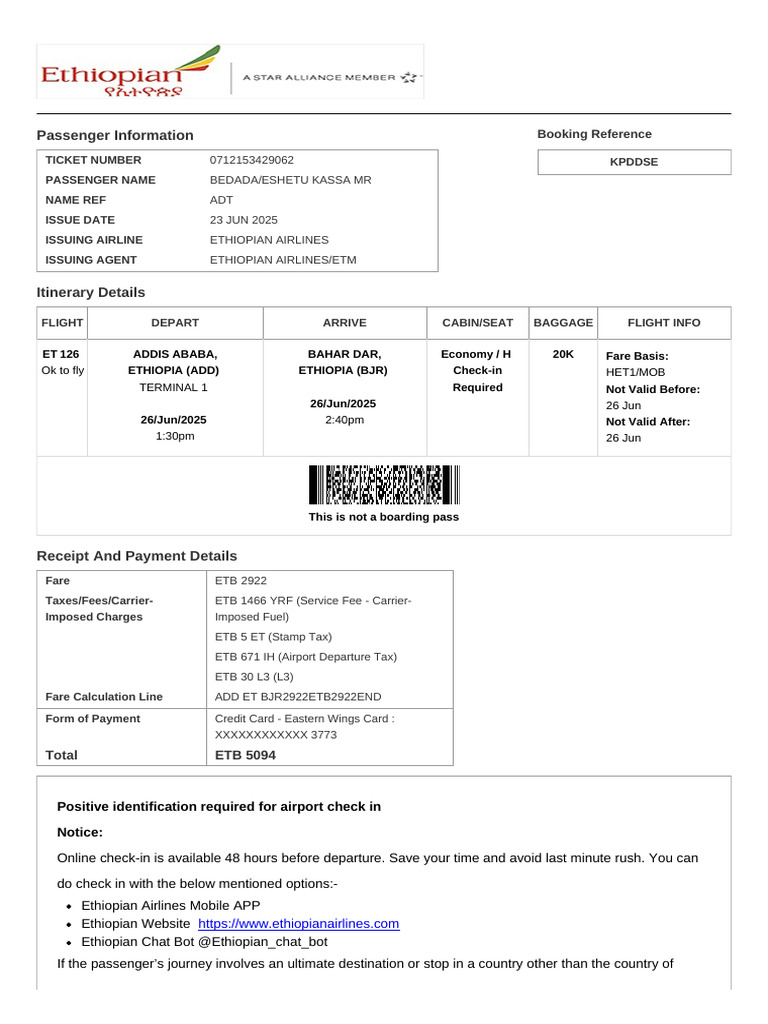Electronic Ticket Receipt, June 26 For MR ESHETU KASSA BEDADA | PDF ...