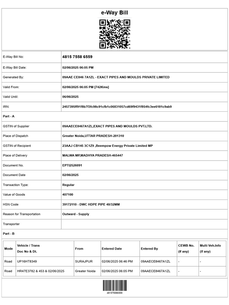 E-Way Bill for Exact Pipes Delivery | PDF