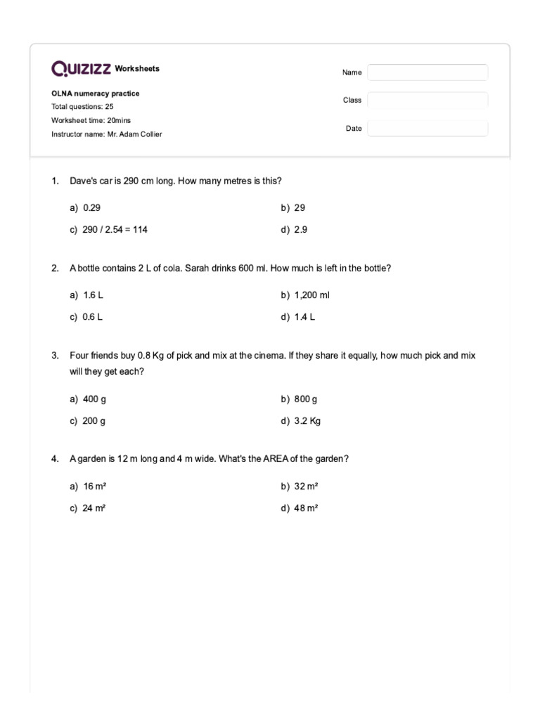OLNA Numeracy Practice - Quizizz - Keys | PDF