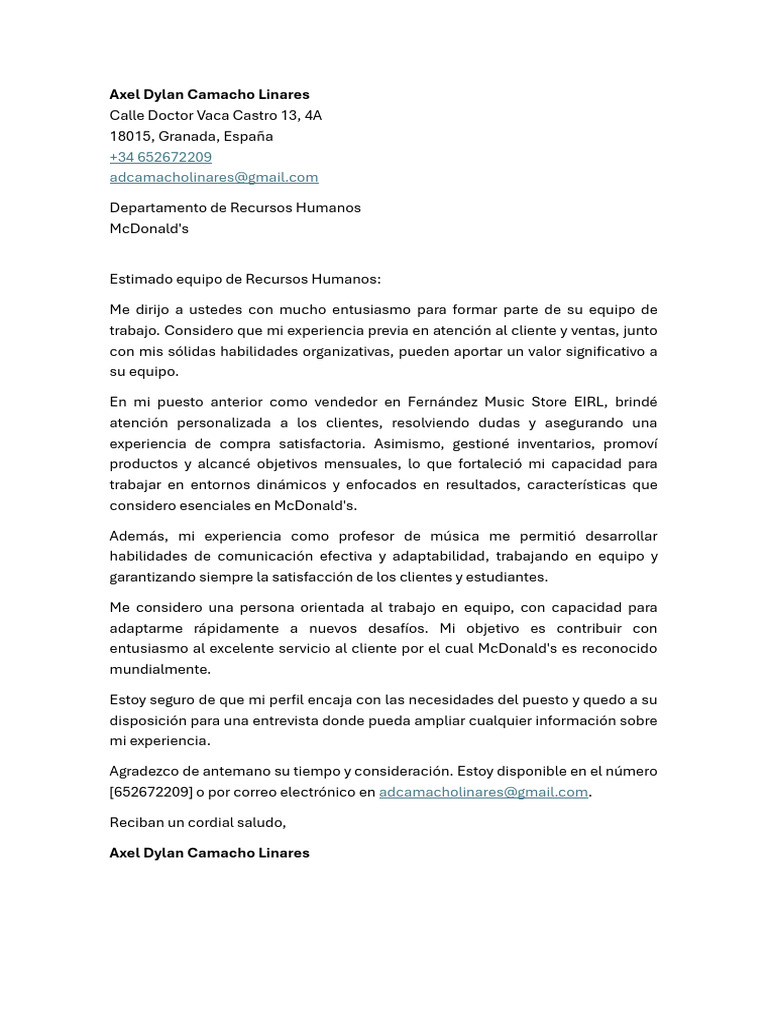 Axel Camacho - Carta Presentación McDonaldas | PDF