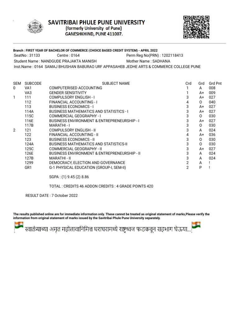Savitribai Phule Pune University, Online Result | PDF | Science