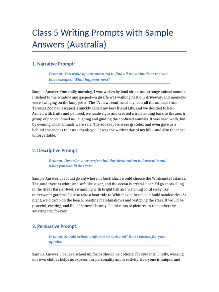 Class 5 Writing Prompts for Australia | PDF