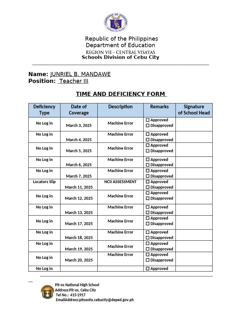 Time and Deficiency Form | PDF