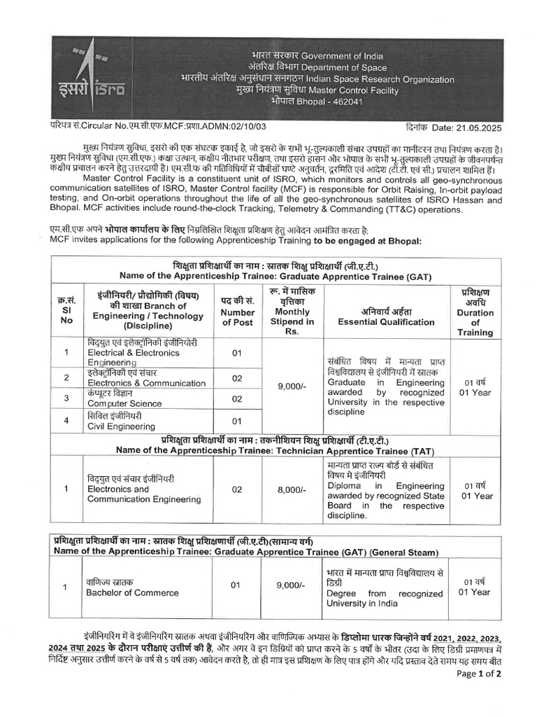 Apprentice Circular-ISRO-Bhopal-2025 | PDF