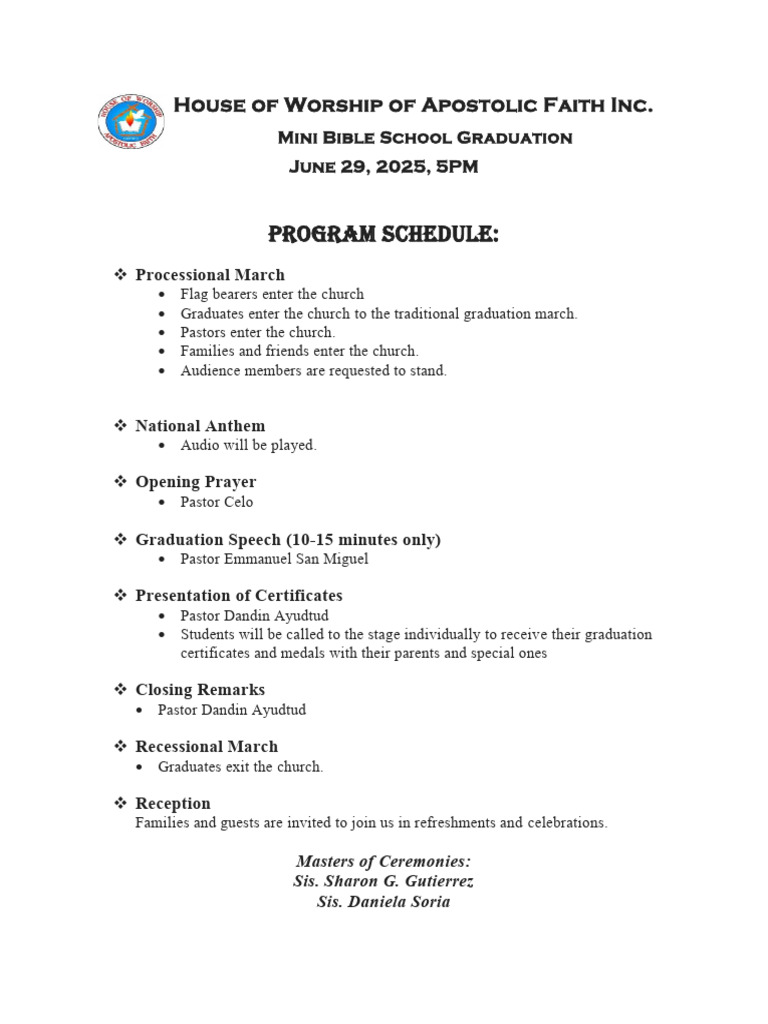 BIBLE SCHOOL Program Schedule June 29th 2025 | PDF