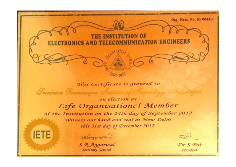 SRIT IETE Institutional Membership Certificate | PDF