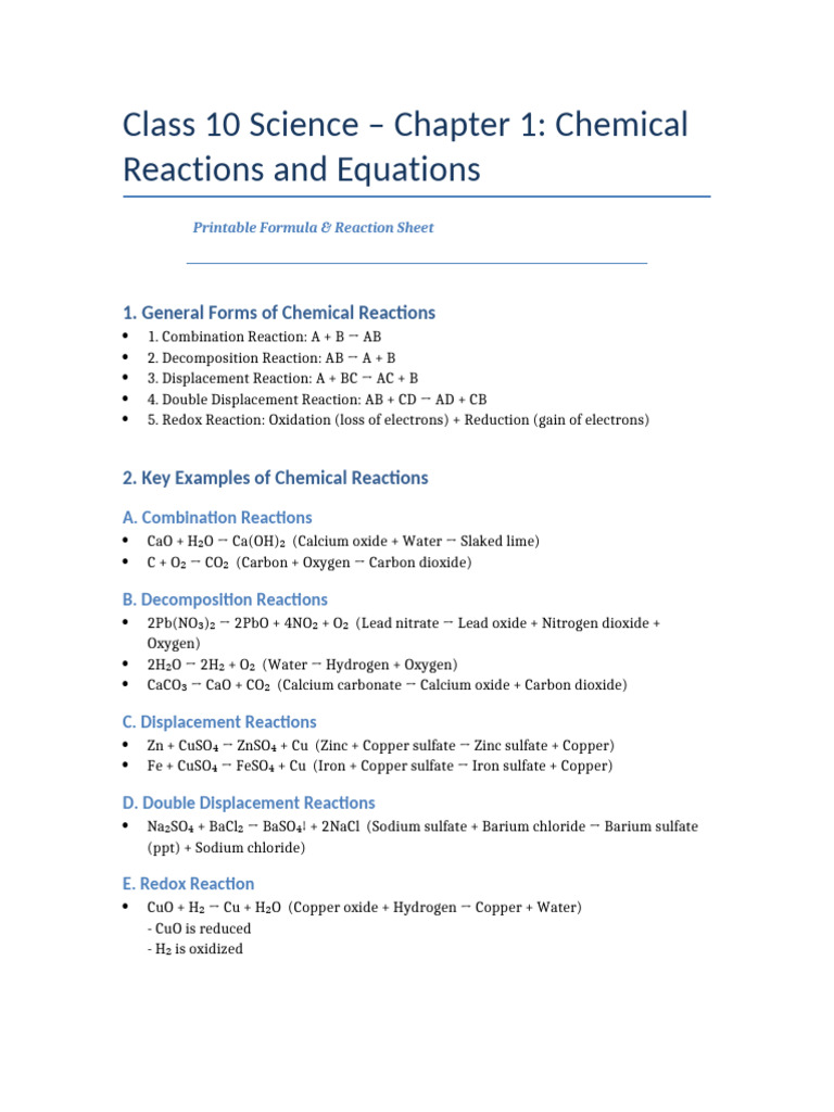 Class 10 Chemistry Ch1 Formula Sheet | PDF