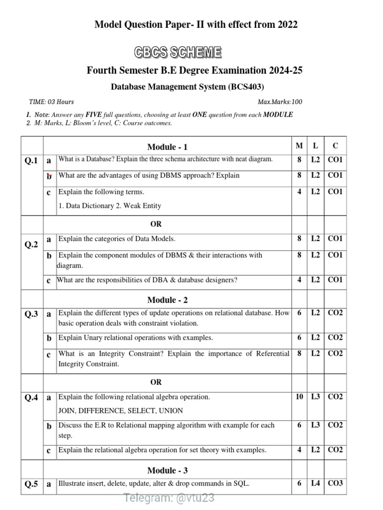 DBMS BCS403 MQP Solved 2024 @vtunetwork | PDF
