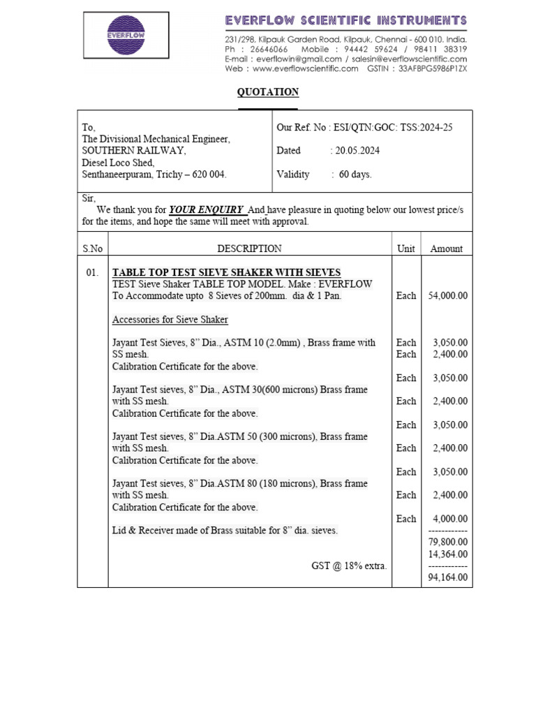 Jayant Test Sieves Quotation for Railway | PDF