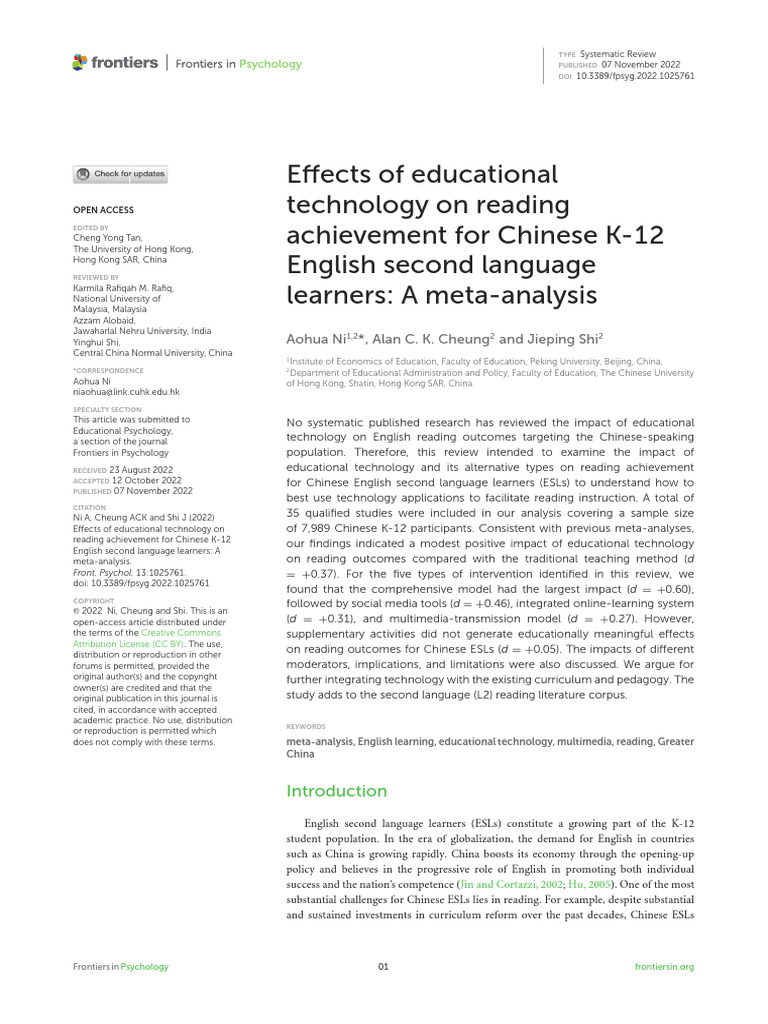 ESL in Chinese (2022) Fokus Ke Reading Achievement | PDF | Effect Size ...