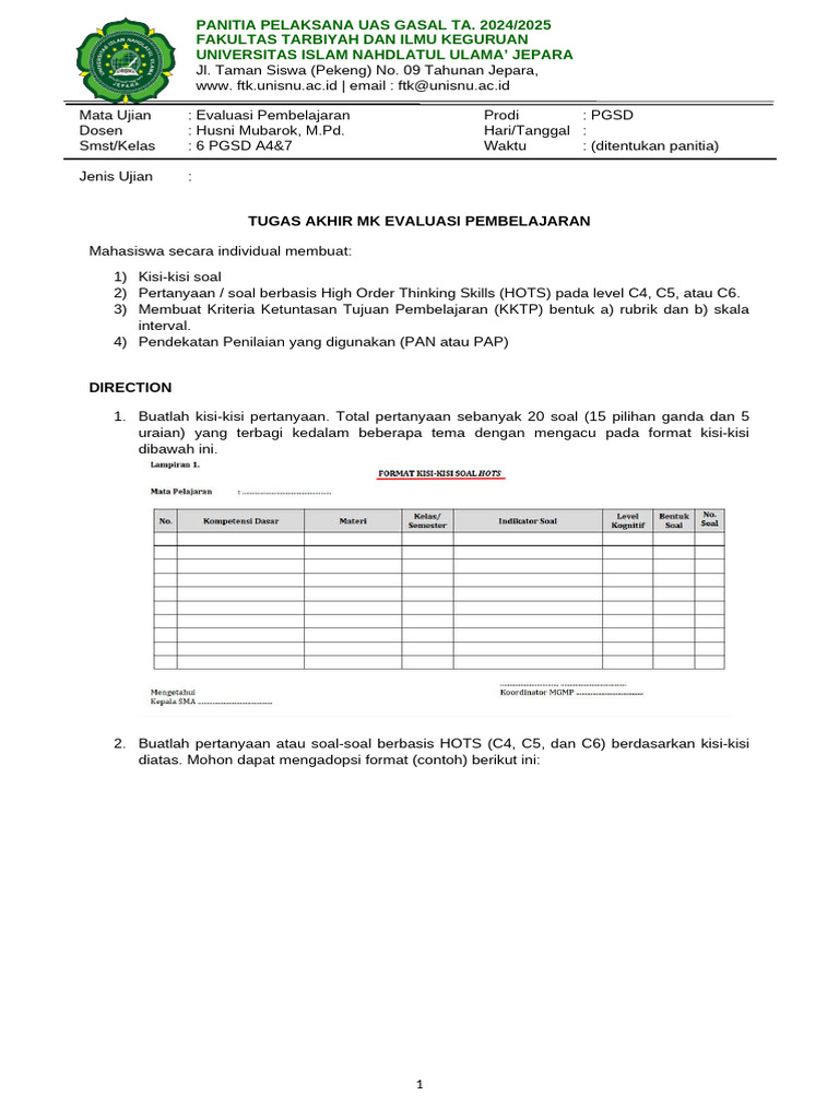 UAS Evaluasi Pembelajaran PGSD 2024 Penugasan Mandiri | PDF