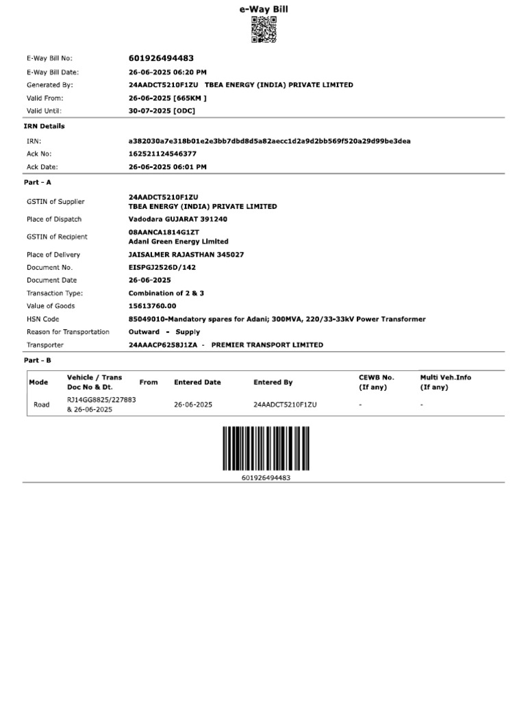 Ewaybill - Mandatory Spares - Baiya 300MVA | PDF