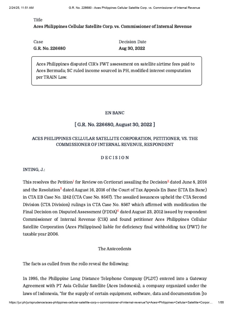 Aces Philippines Cellular Satellite Corp. vs. Commissioner of Internal ...