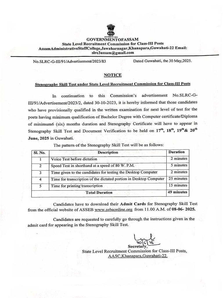 SLRC ClassIII 02062025 Stenography Skill Test | PDF