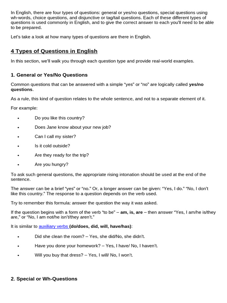 Four Types of Questions in English | PDF | Question | Subject (Grammar)