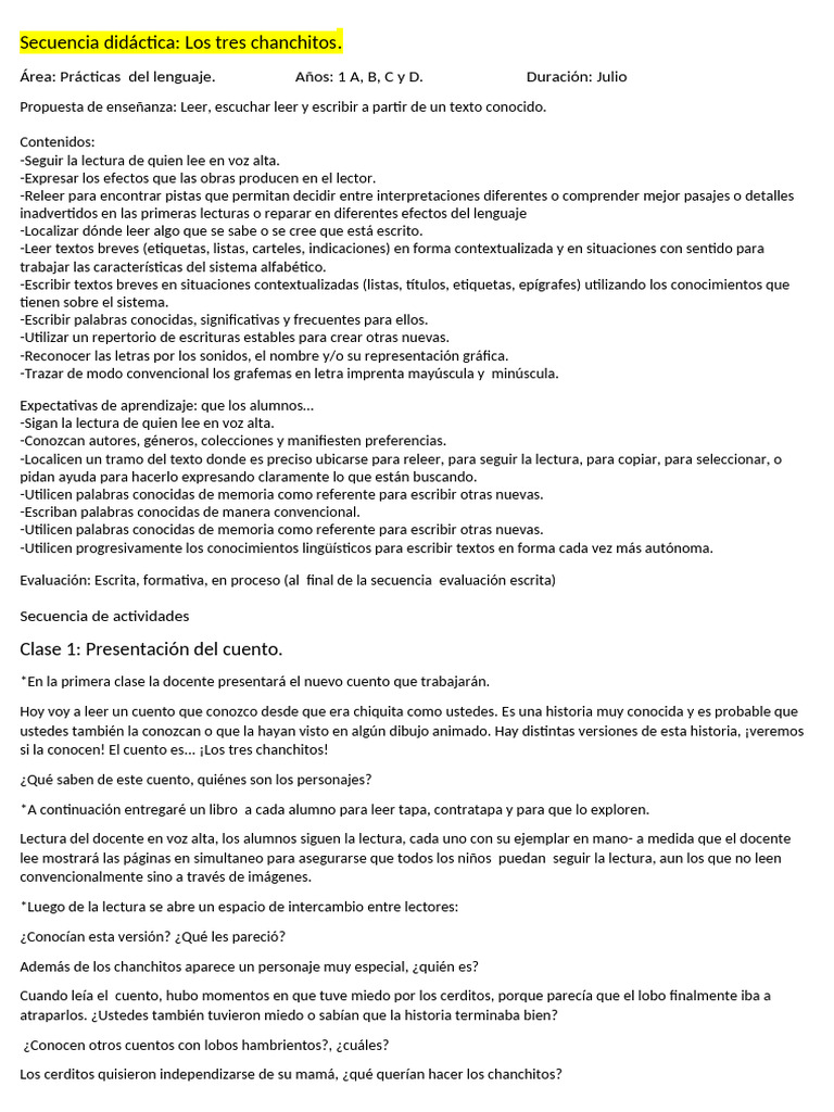 Secuencia Didáctica: Los Tres Chanchitos | PDF | Aprendizaje ...