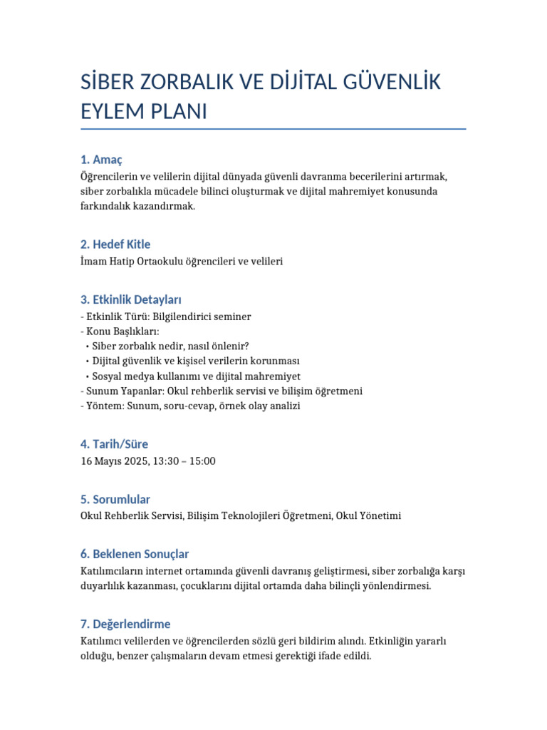 Siber Zorbalik Eylem Plani | PDF
