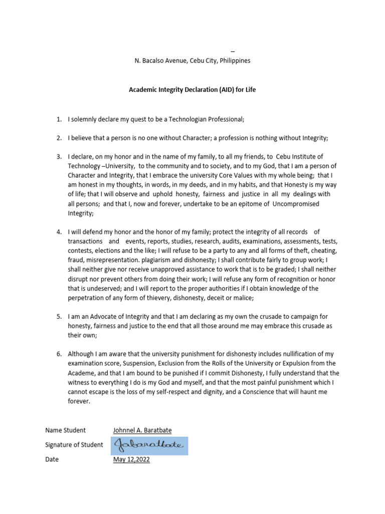 Academic Integrity Declaration | PDF | Dishonesty | Academic Integrity