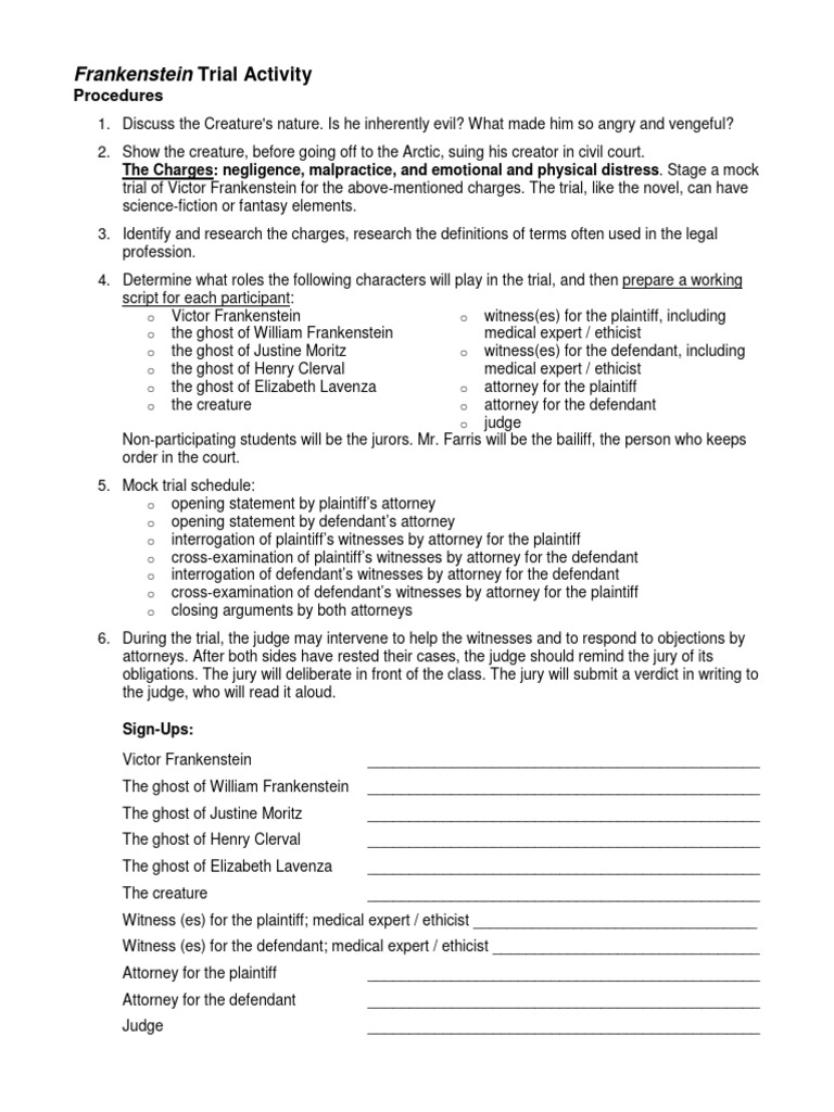 Frankenstein Trial Activity PDF | PDF | Frankenstein | Trials