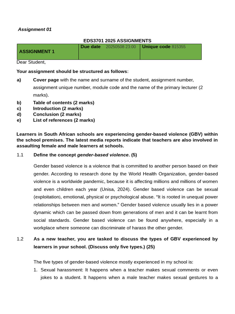 Gender-Based Violence in Schools: Assignment 1 | PDF | Domestic ...
