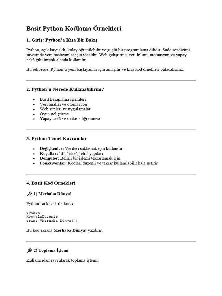 Basit Python Kodlama Örnekleri | PDF