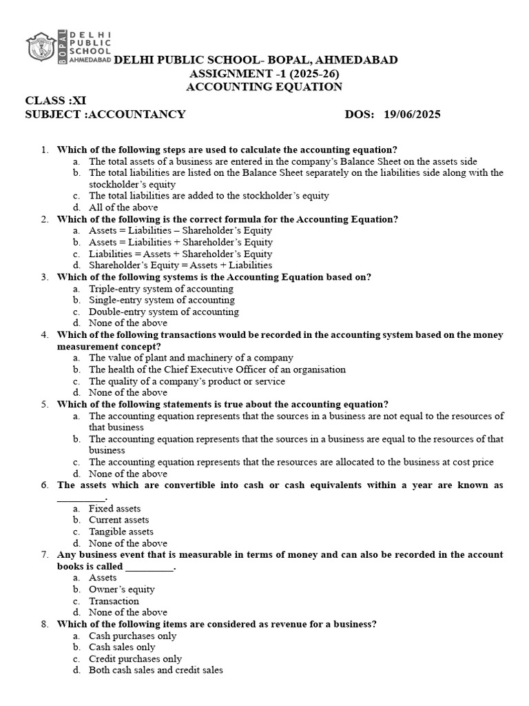 Accounting Equation Assignment for Class XI | PDF | Equity (Finance ...